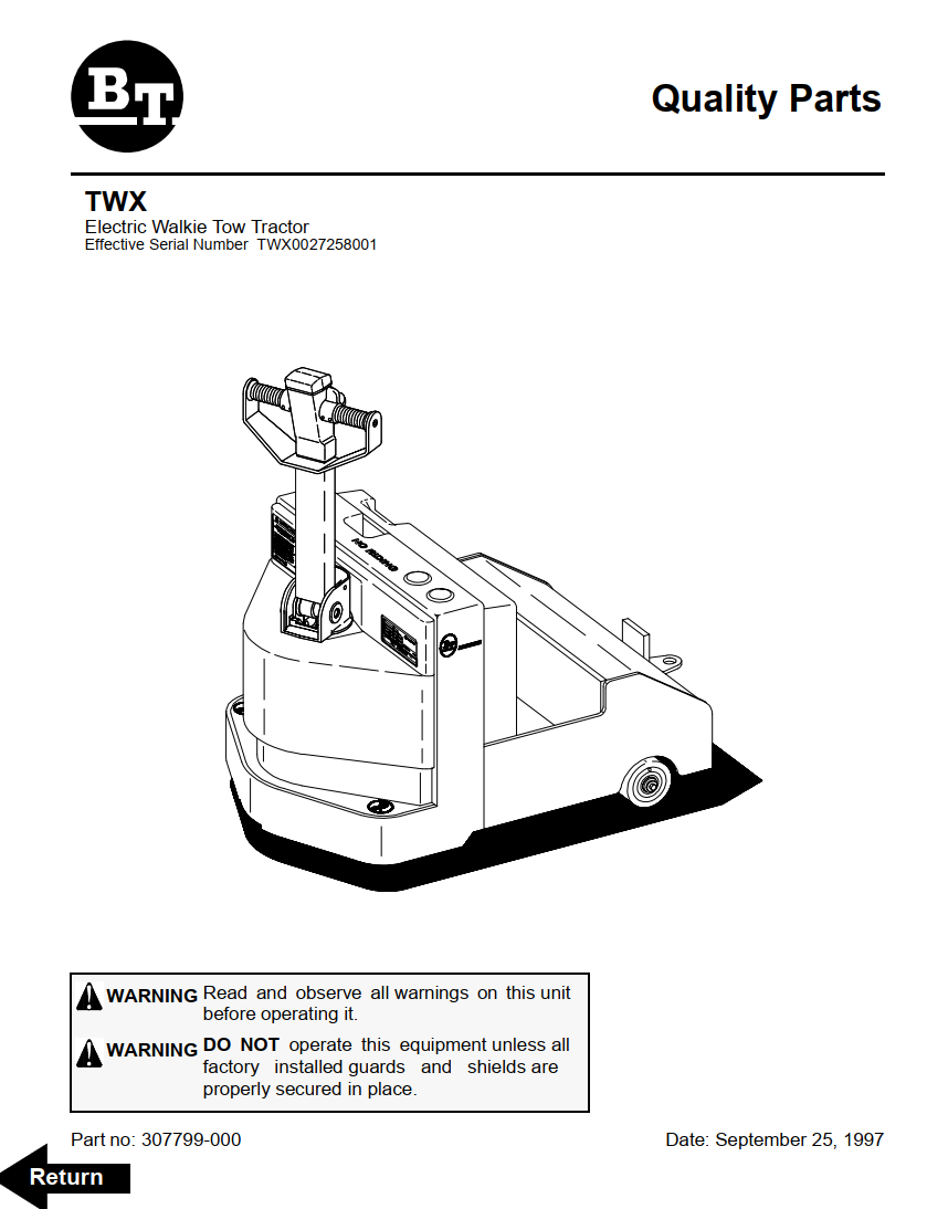 BT PRIME MOVER TWX ELECTRIC WALKIE TOW TRACTOR OPERATOR'S, PARTS MANUA