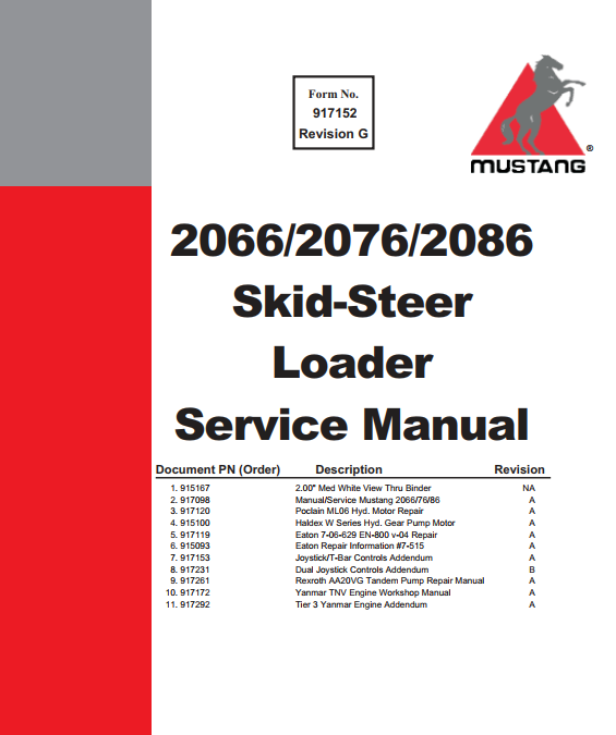 MUSTANG SKID STEER LOADER 2066 2076 2086 WORKSHOP SERVICE, PARTS MANUA